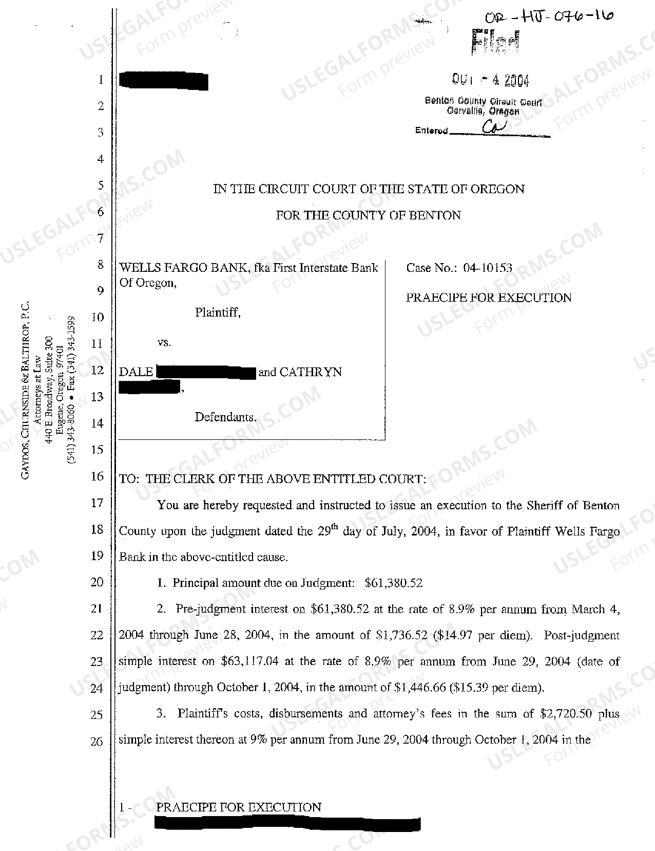 Gresham Oregon Praecipe for Execution | US Legal Forms