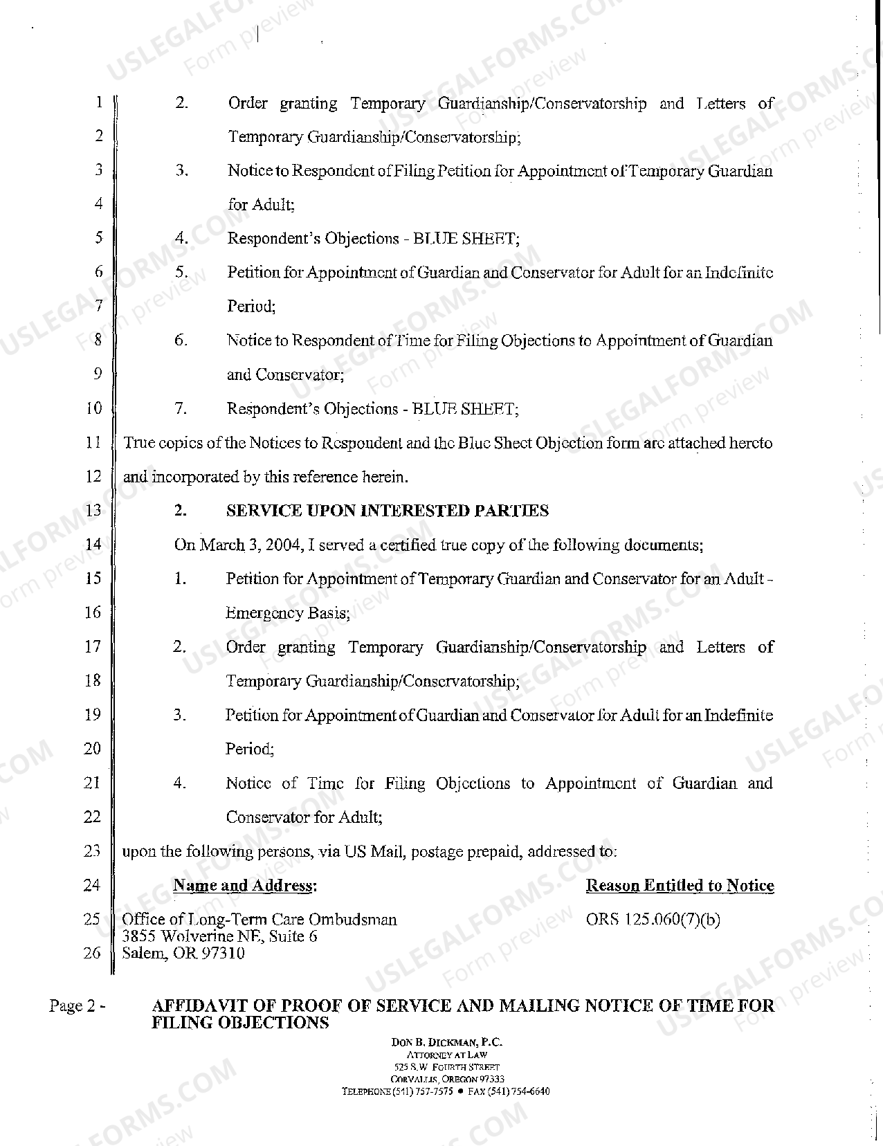 Oregon Affidavit of Proof of Service and Mailing Notice of Time for Filing Objections | US Legal ...