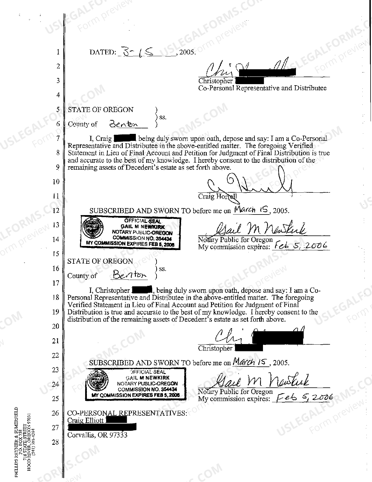 Oregon Verified Statement in Lieu of Final Account and Petition for ...