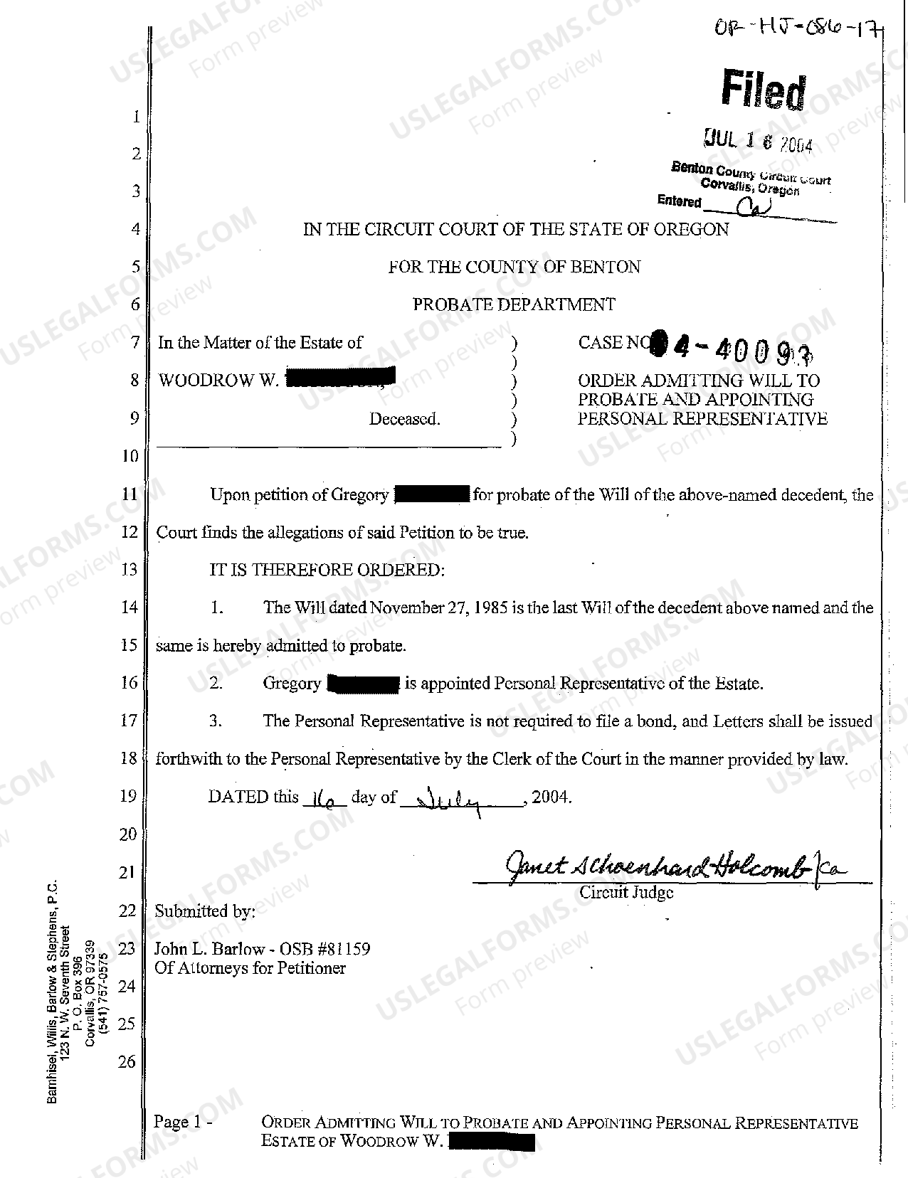 Oregon Order Admitting will to Probate and Appointing Personal Representative | US Legal Forms
