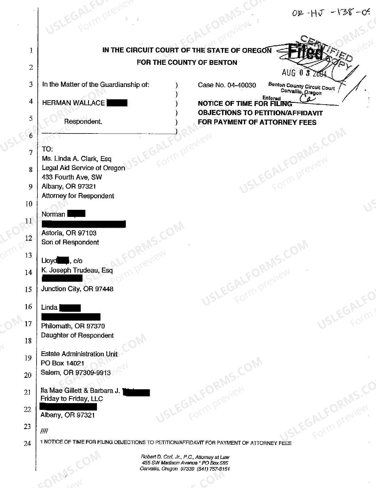 Oregon Notice of Time for Filing Objections to Petition Affidavit for ...