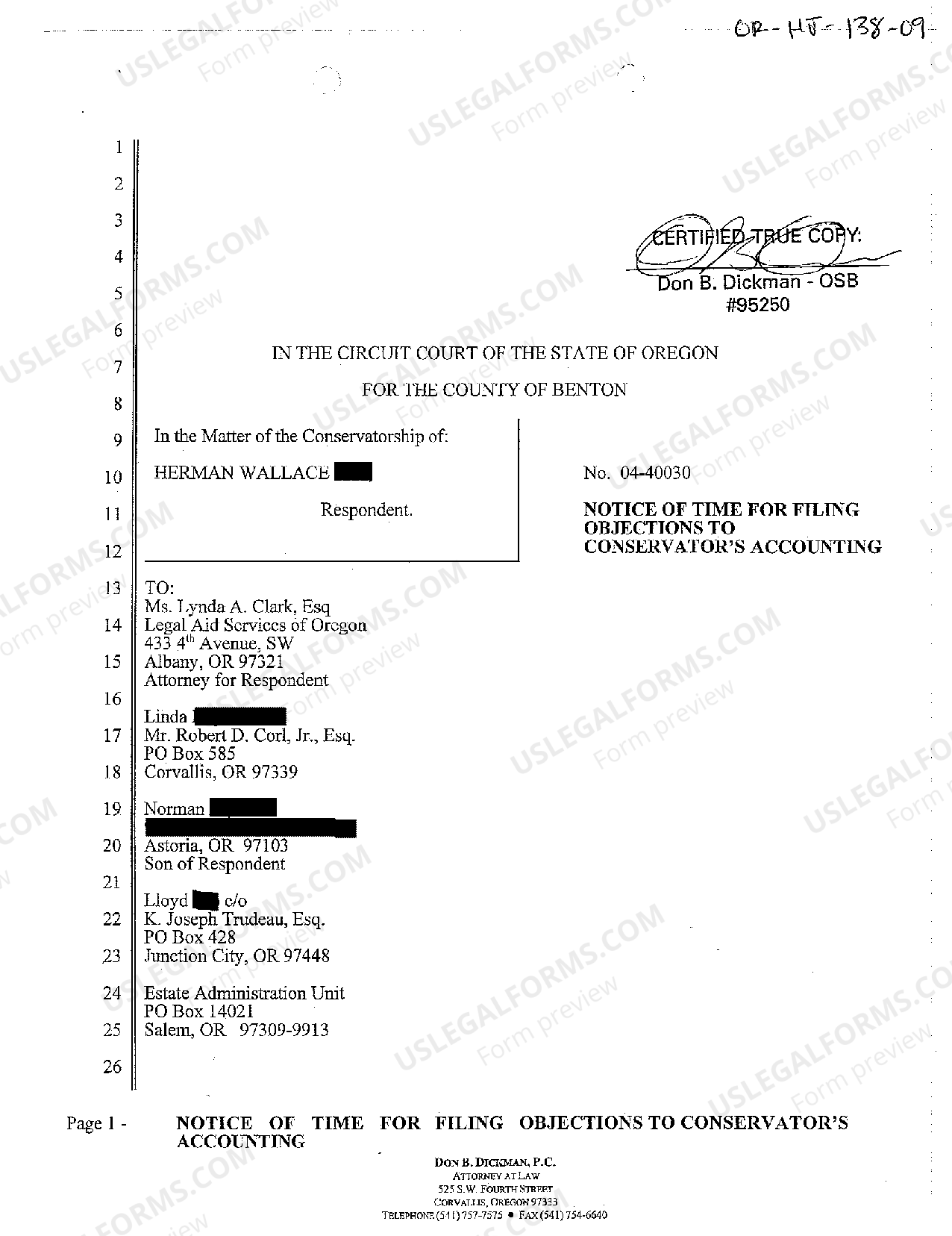 Oregon Notice of Time for Filing Objections to Conservator's Accounting ...