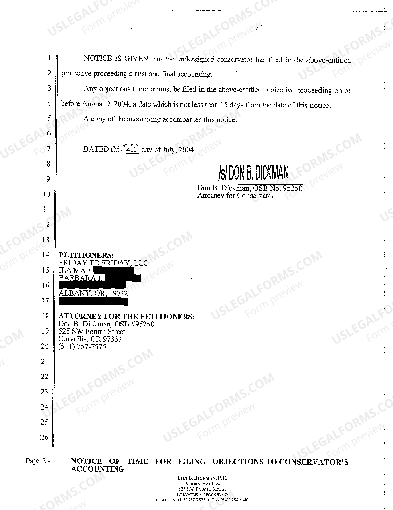 Oregon Notice of Time for Filing Objections to Conservator's Accounting ...