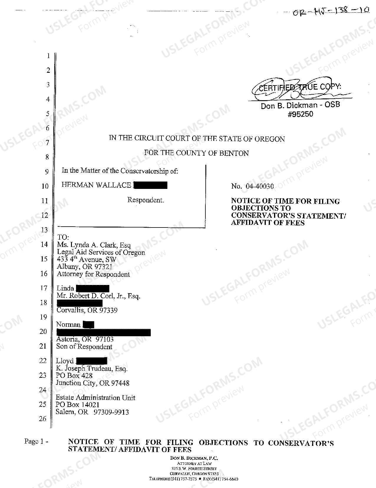 Oregon Notice of Time for Filing Objections to Conservator's Statement Affidavit of Fees | US ...