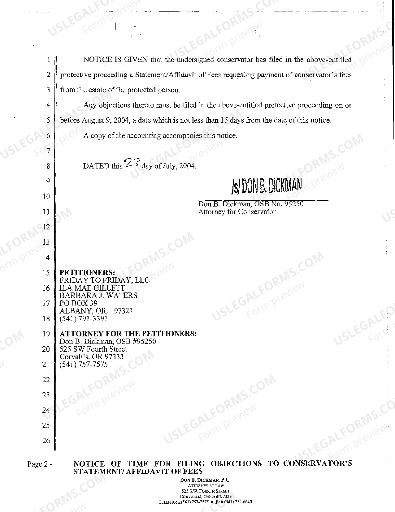 Oregon Notice of Time for Filing Objections to Conservator's Statement ...