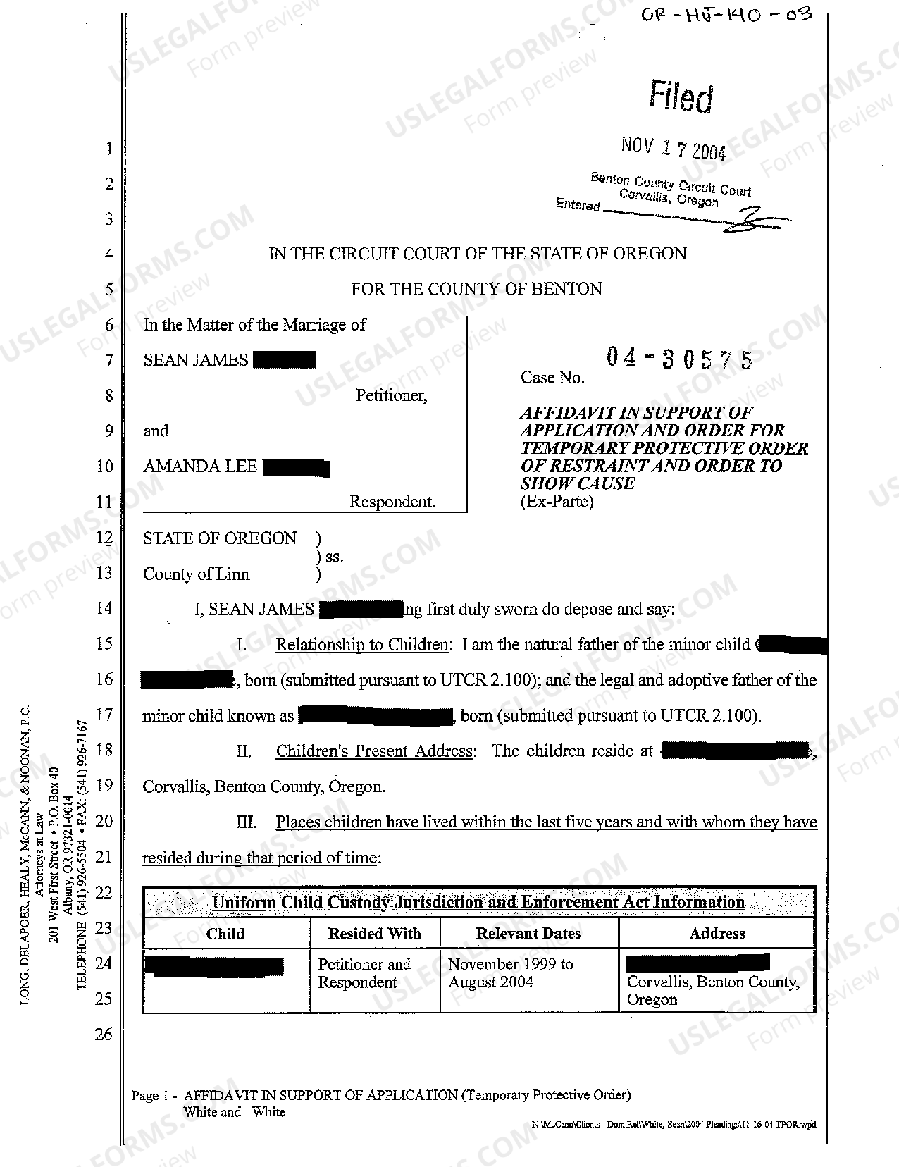 Oregon Affidavit in Support of Application and Order for Temporary ...