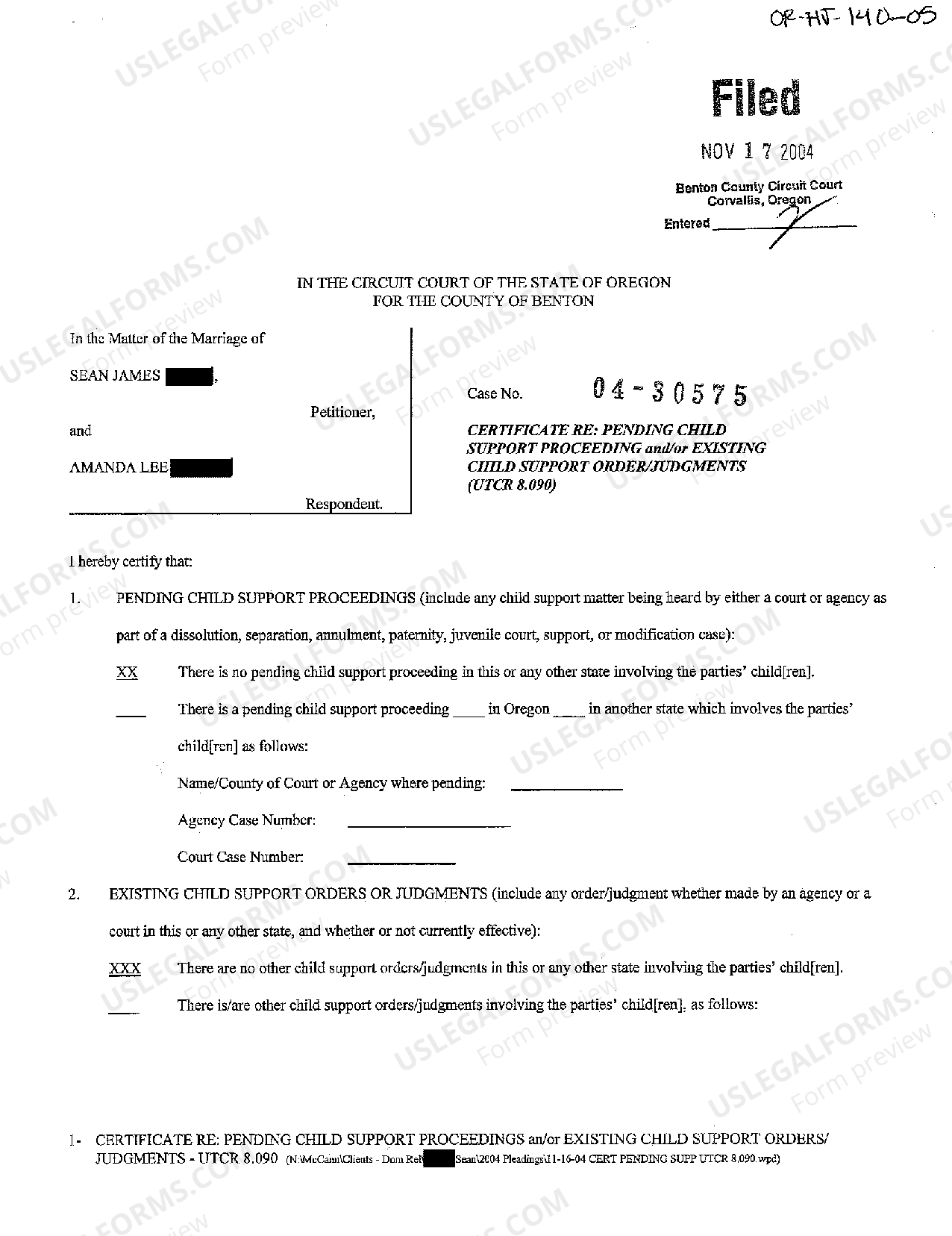 Oregon Certificate regarding Pending Child Support Proceeding and or ...
