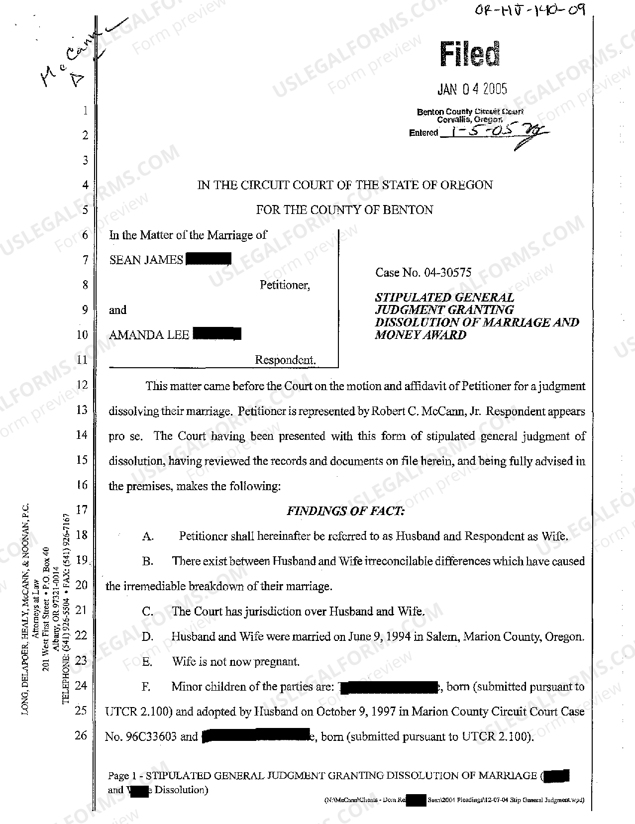 Oregon Stipulated General Judgment Granting Dissolution of Marriage and ...