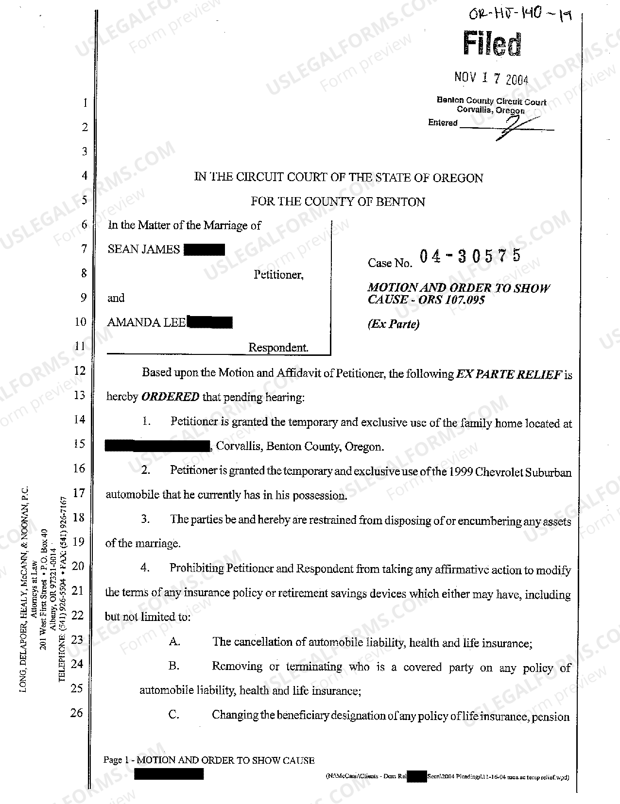 Oregon Motion and Order to Show Cause Filed Ex Parte Seeking Temporary ...