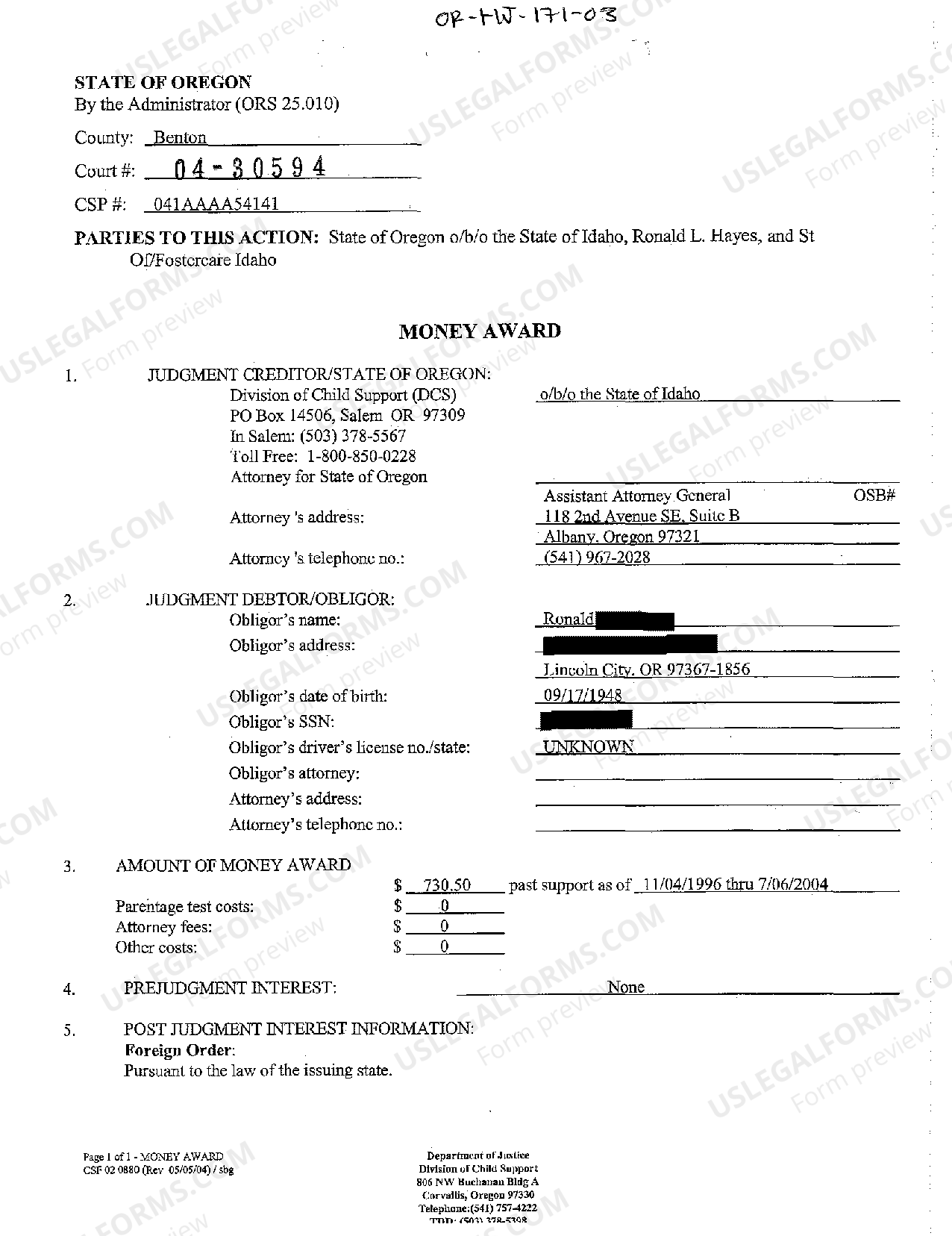 Oregon Default Judgment Money Award | US Legal Forms
