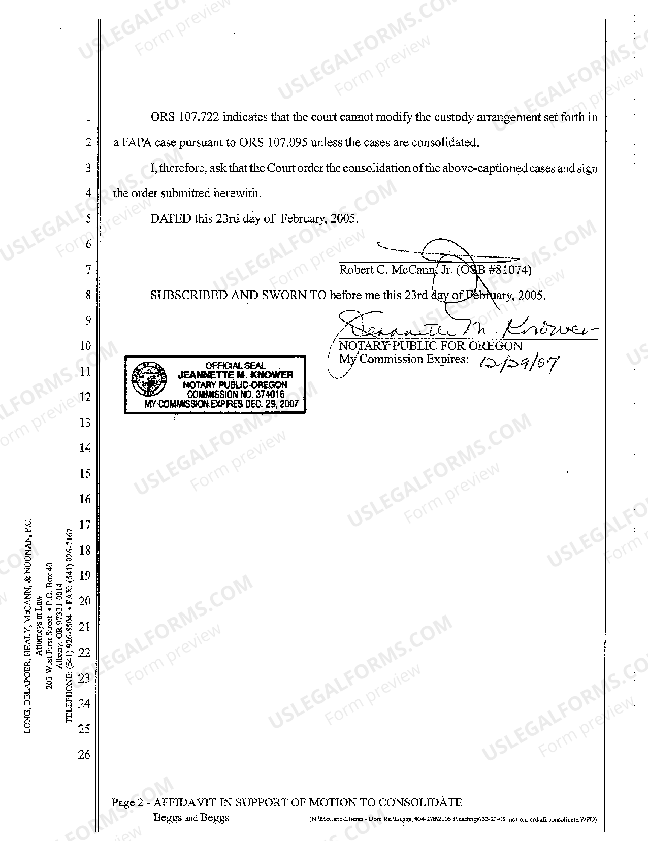 Affidavit Of Consolidation