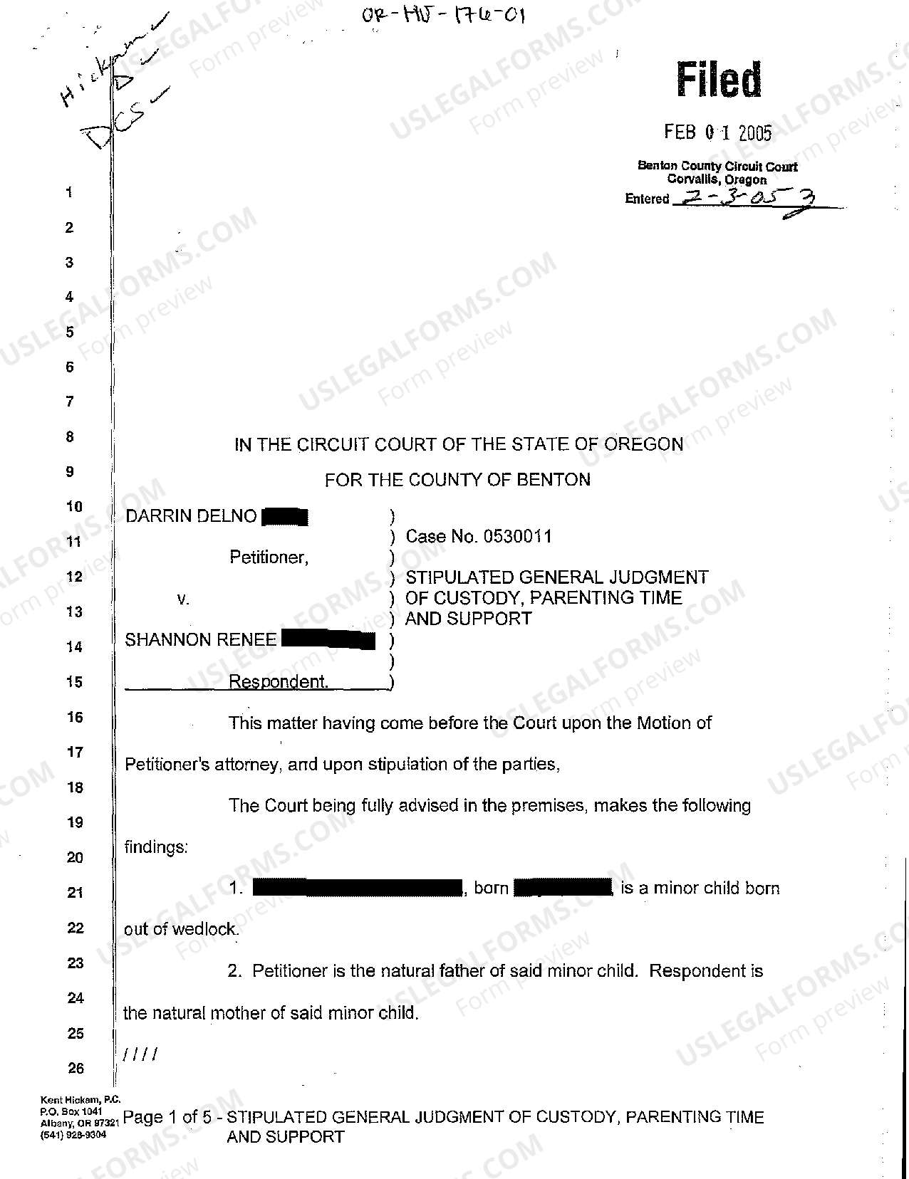 Oregon Stipulated General Judgment of Custody, Parenting Time and ...