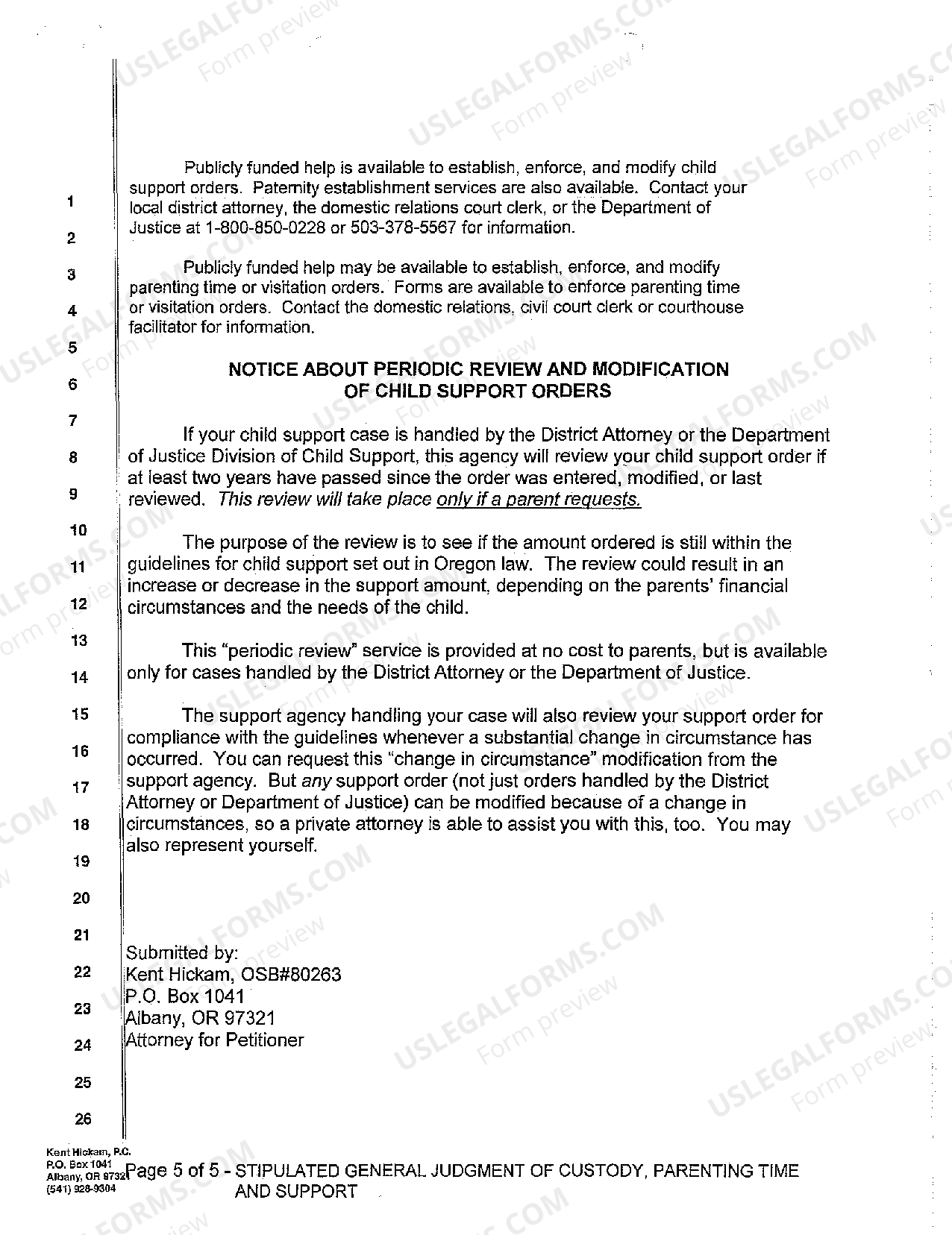 Oregon Stipulated General Judgment of Custody, Parenting Time and ...