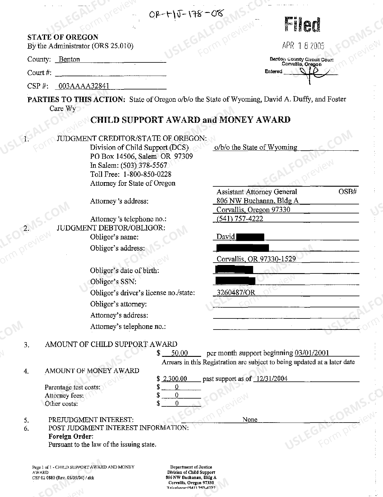 Oregon Child Support Award and Money Award | US Legal Forms