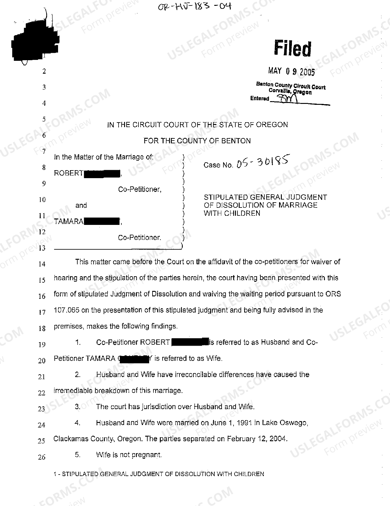 Oregon Stipulated General Judgment of Dissolution of Marriage with ...