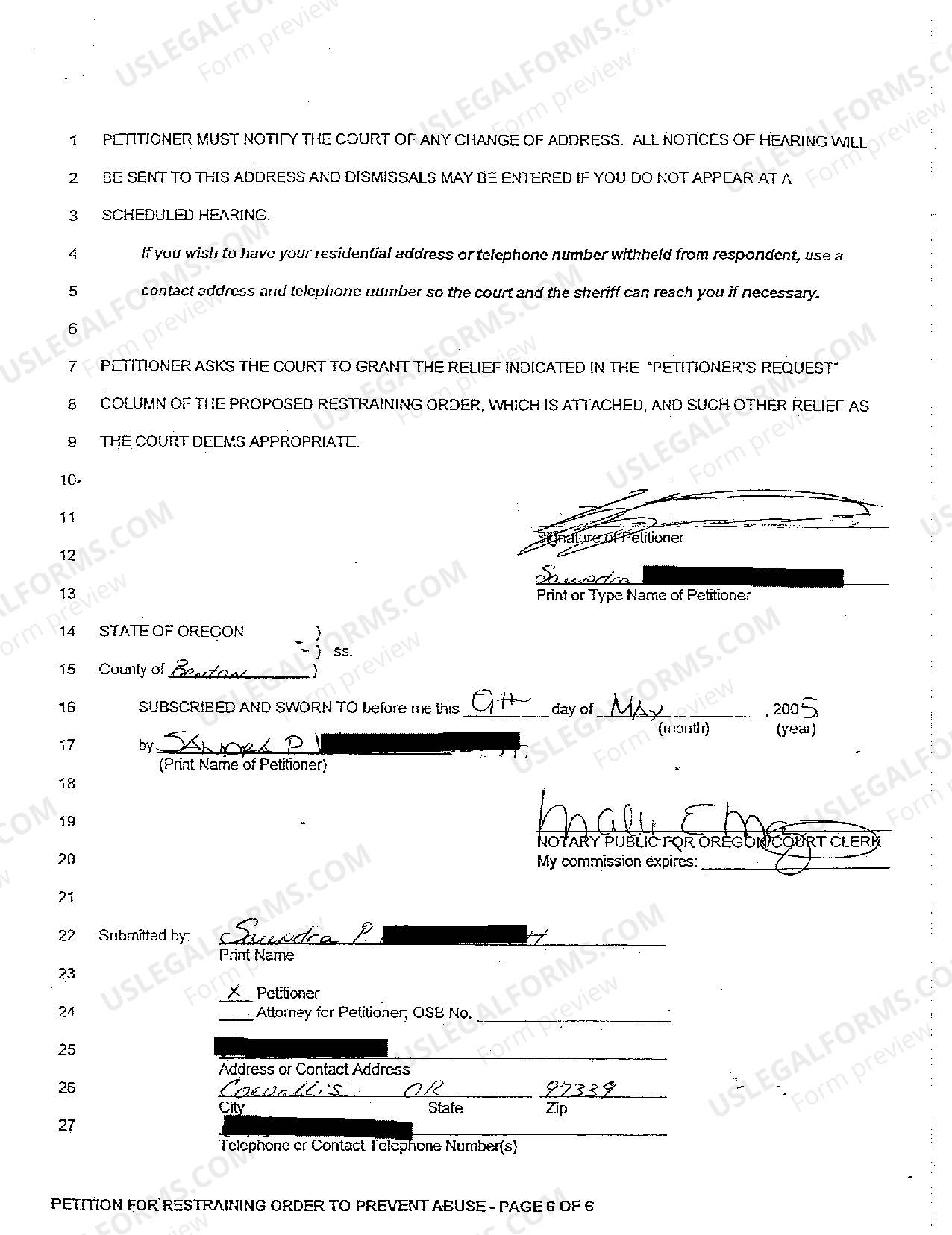 Oregon Petition for Restraining Order to Prevent Abuse | US Legal Forms
