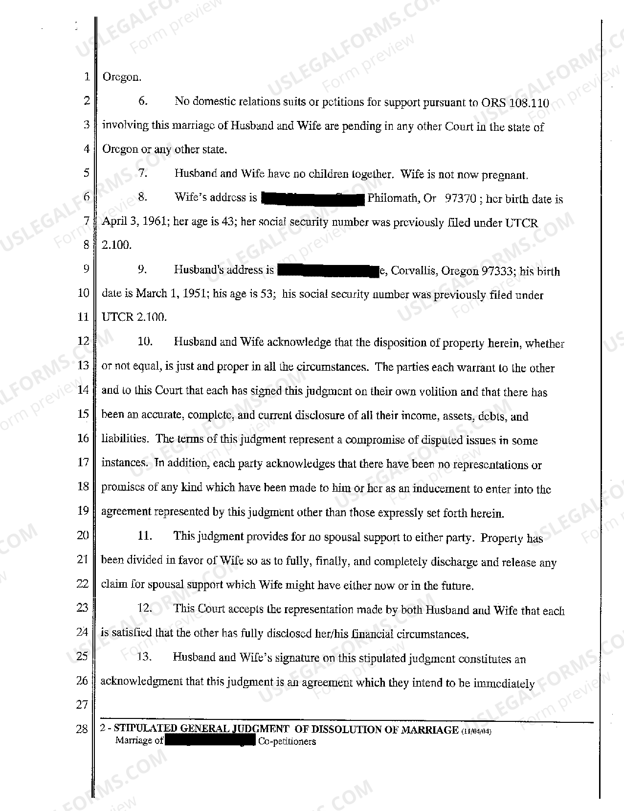 Oregon Stipulated General Judgment of Dissolution of Marriage and Money ...