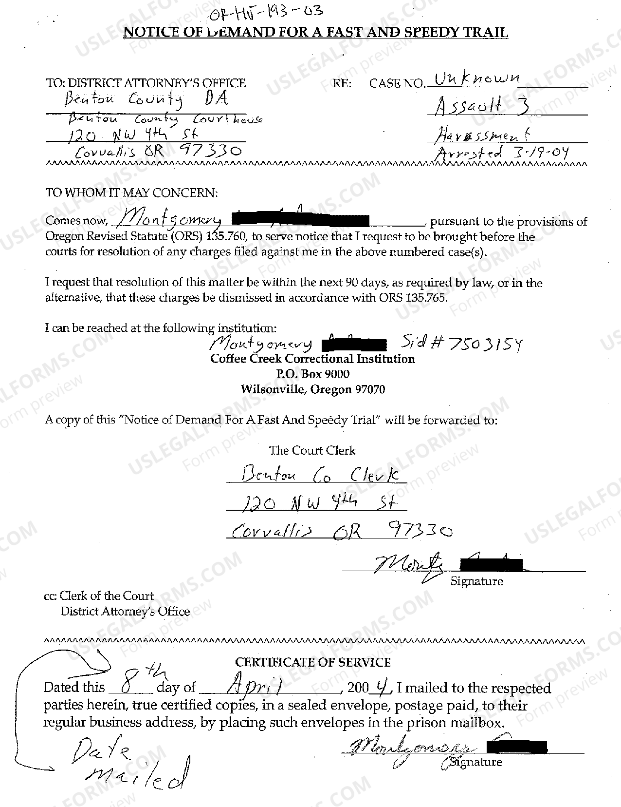 Oregon Notice of Demand for a Fast and Speedy Trial - Fast And Speedy ...