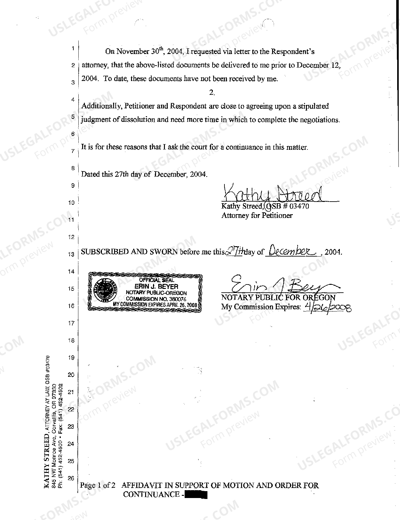 Oregon Petitioner's Affidavit in Support of Motion and Order for ...