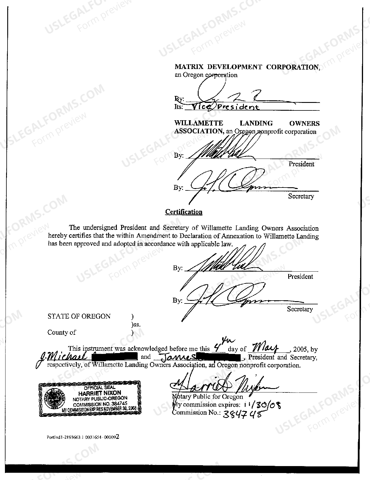 Oregon Amendment to Declaration of Annexation to Willamette Landing ...
