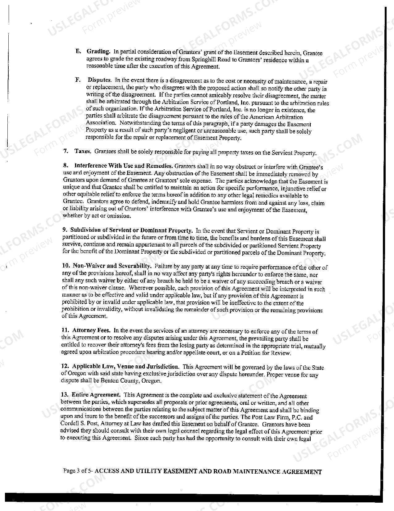 Oregon Access and Utility Easement and Road Maintenance Agreement ...