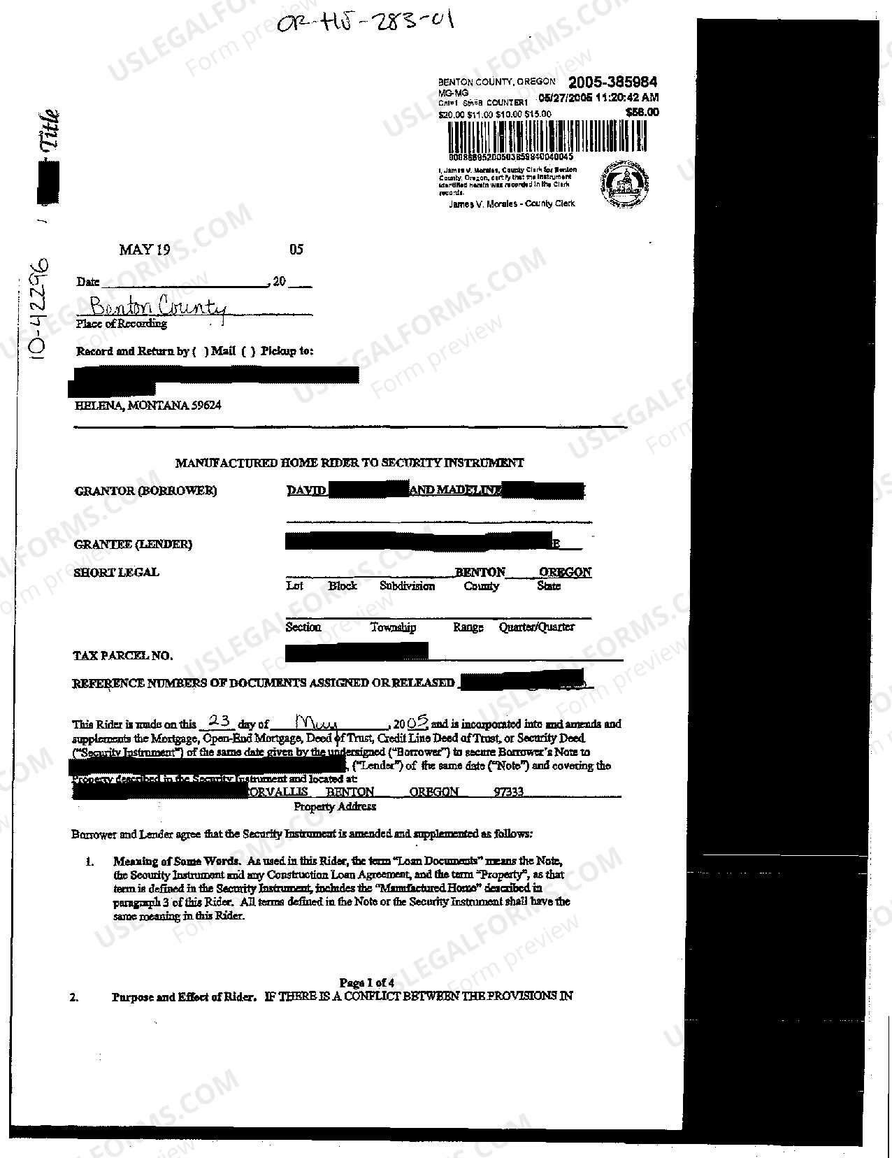 Oregon Manufactured Home Rider to Security Instrument - Manufactured ...