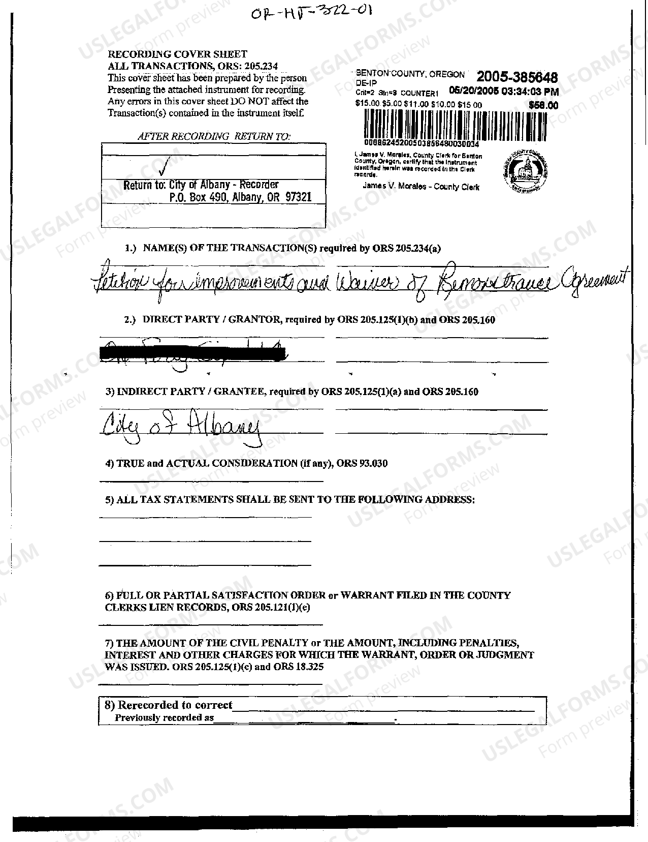 Oregon Petition for Improvements and Waiver of Remonstrance Agreement ...