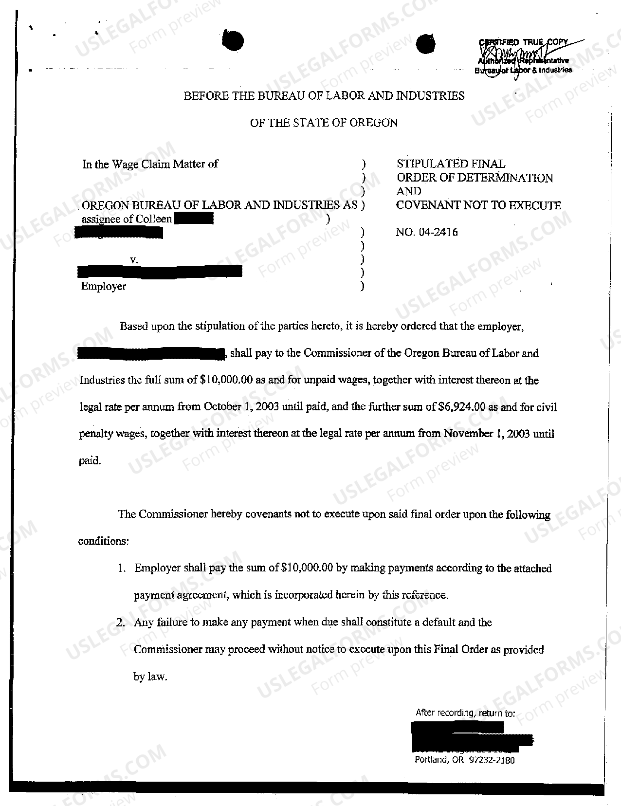 Oregon Stipulated Final Order of Determination and Covenant not to ...