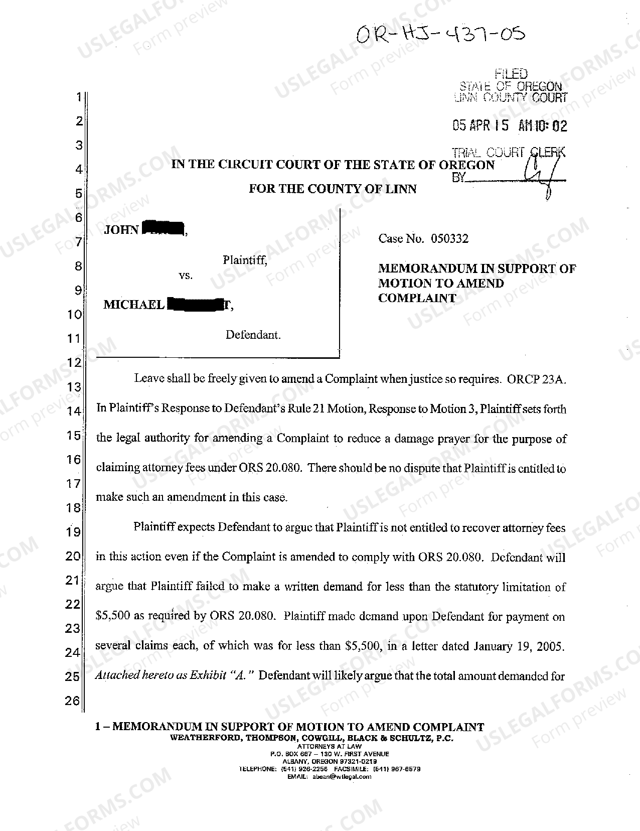 Eugene Oregon Memorandum In Support of Motion to Amend Complaint | US ...