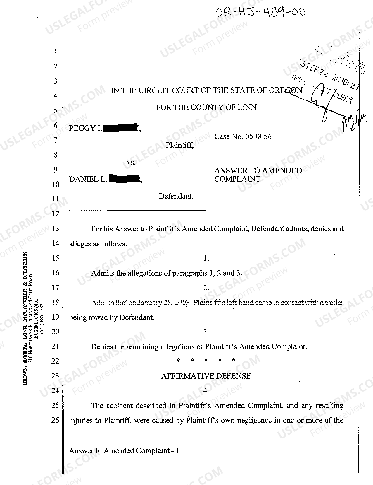 Eugene Oregon Answer To Amended Complaint of Negligence | US Legal Forms