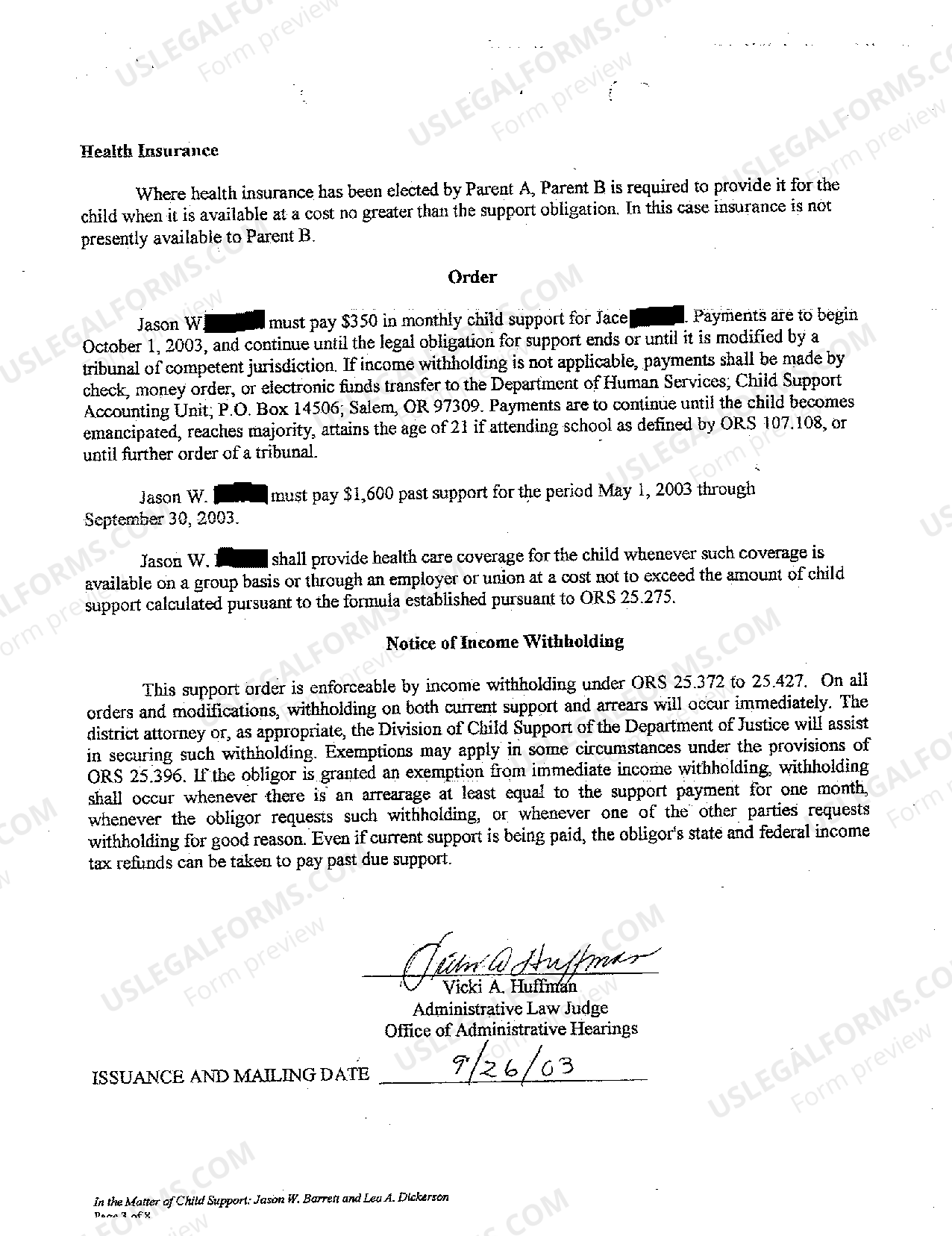 Oregon Final Order of Establishing Paternity, Custody, Parenting Time ...