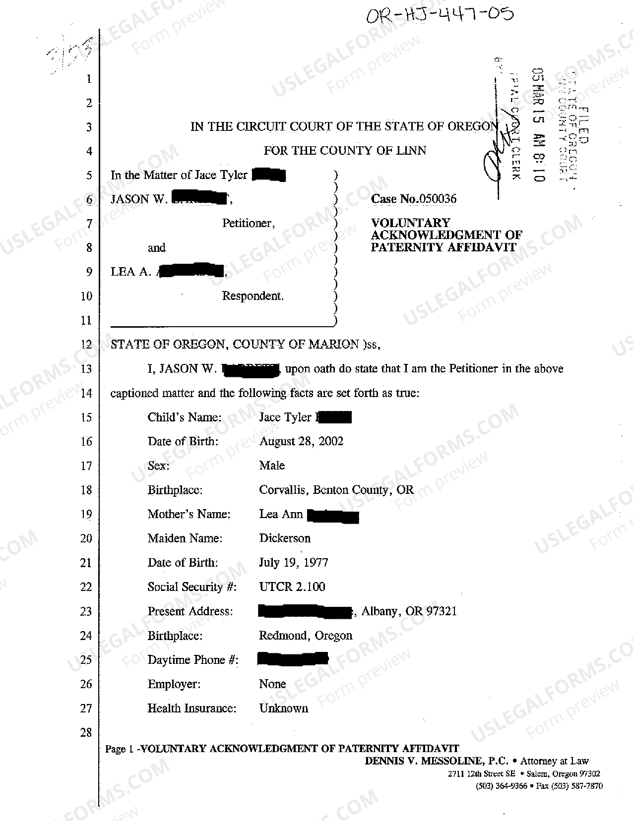 Oregon Voluntary Acknowledgment of Paternity Affidavit | US Legal Forms