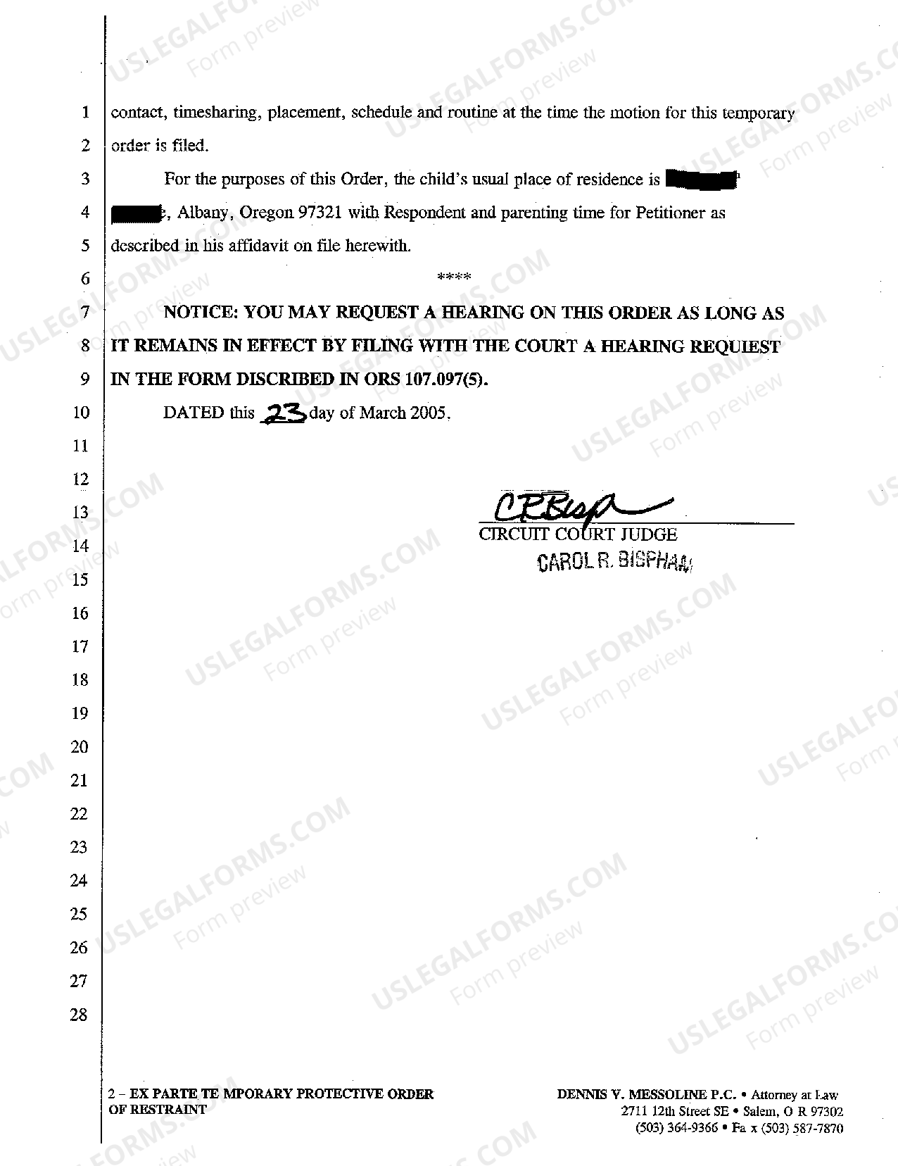 Oregon Ex Parte Temporary Protective Order of Restraint | US Legal Forms