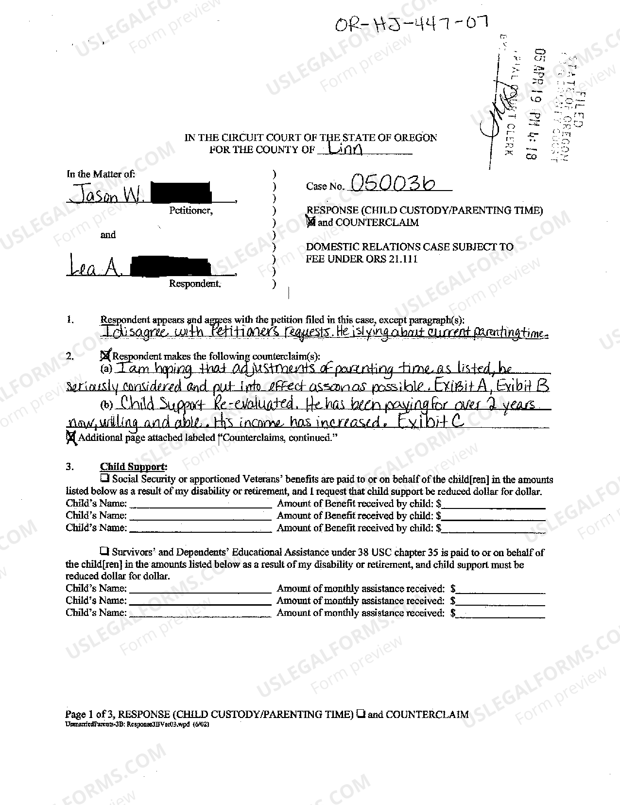 Oregon Response by Respondent Regarding Child Custody Parenting Time ...