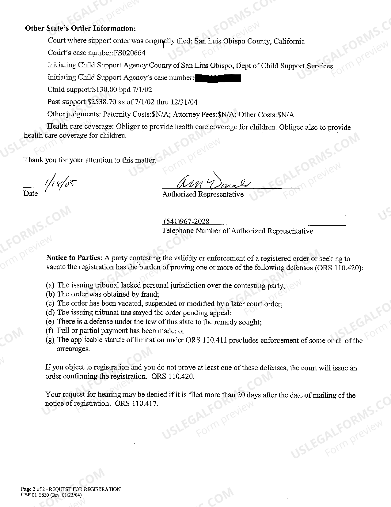 Oregon Letter Requesting Registration of Income Withholding Order | US ...