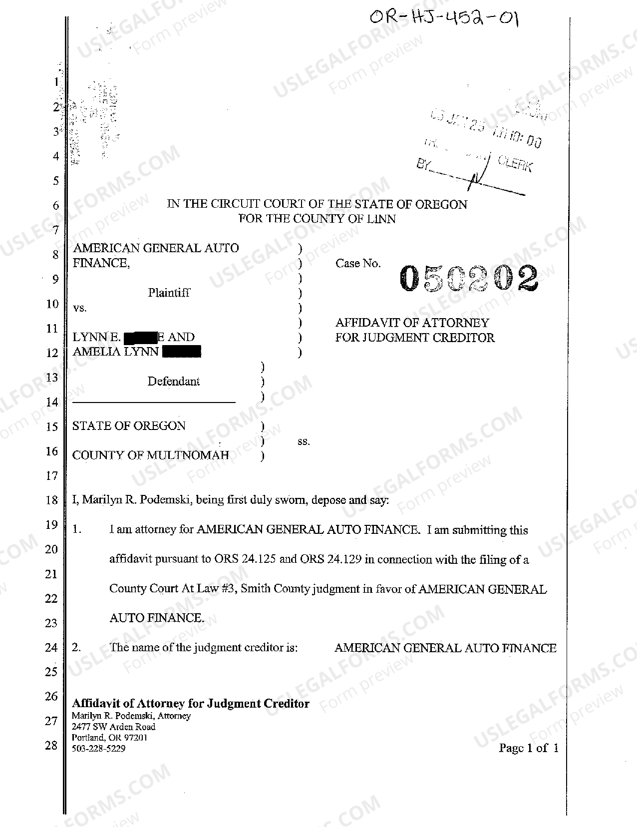 Oregon Affidavit of Plaintiff's Attorney for Judgment Creditor | US ...