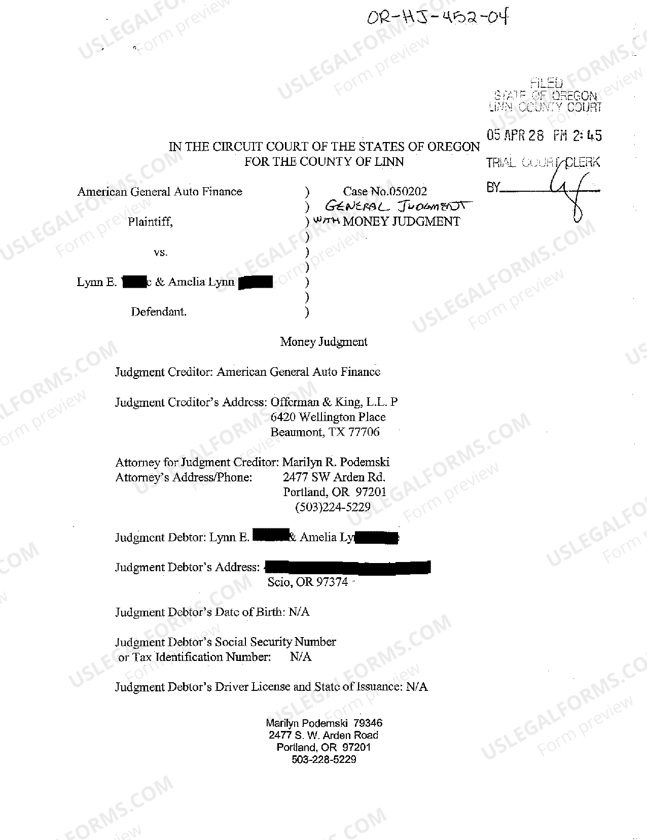 Oregon General Judgment with Money Judgment Against Defendant | US ...