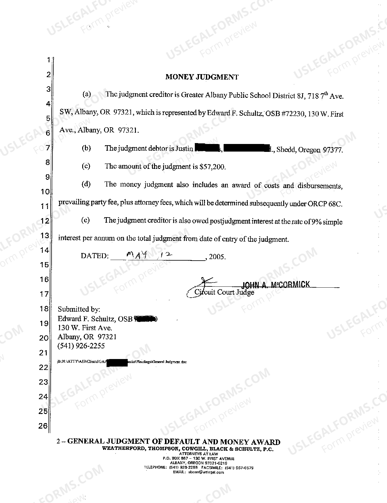 Oregon General Judgment of Default and Money Award Against Defendant ...