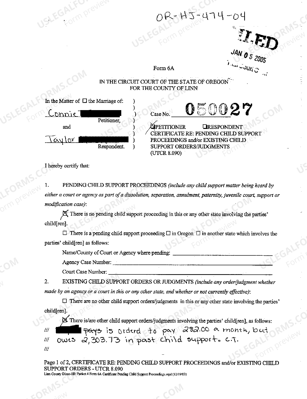 Oregon Petitioner Certificate regarding Pending Child Support ...