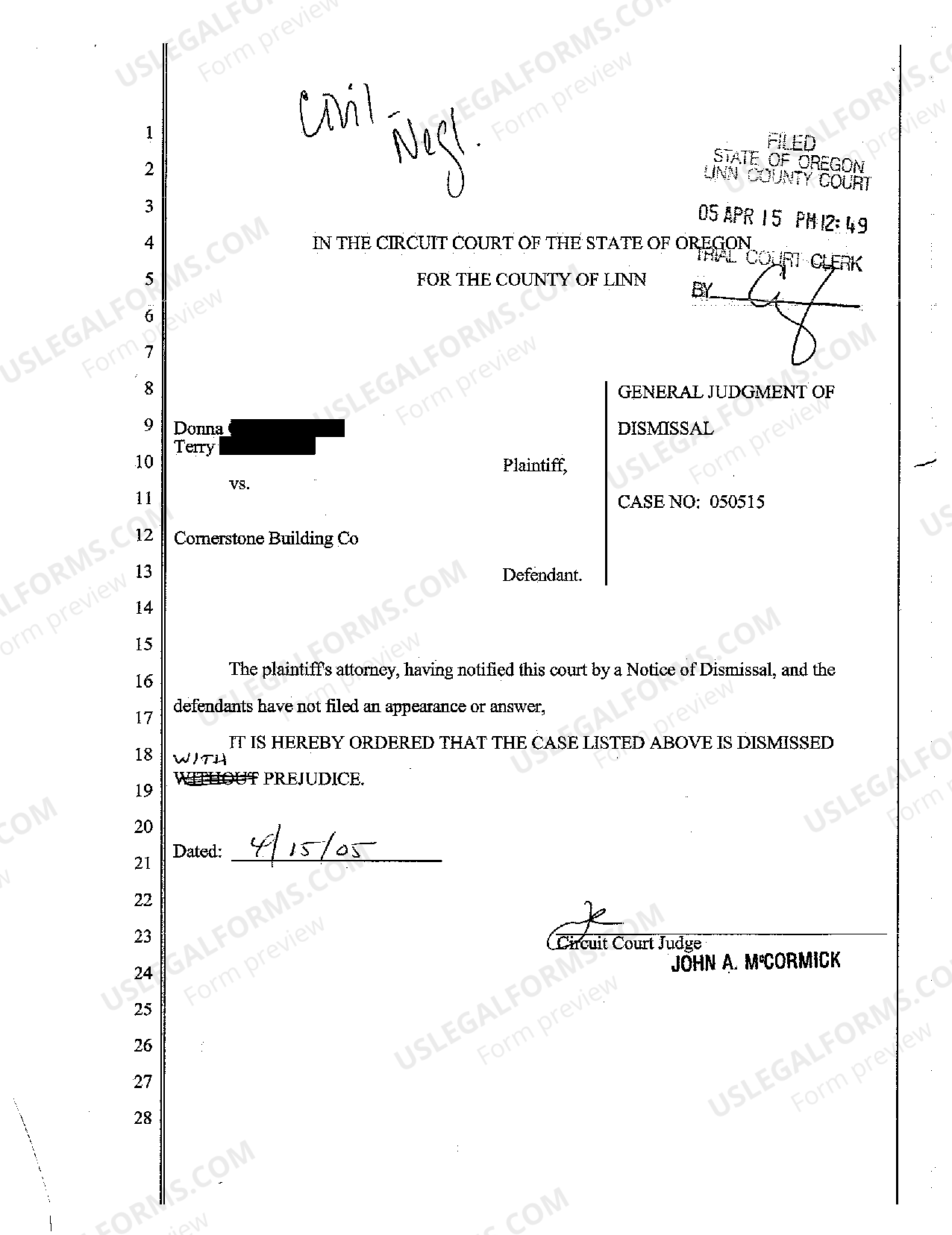 Hillsboro Oregon Notice of Dismissal with Prejudice | US Legal Forms