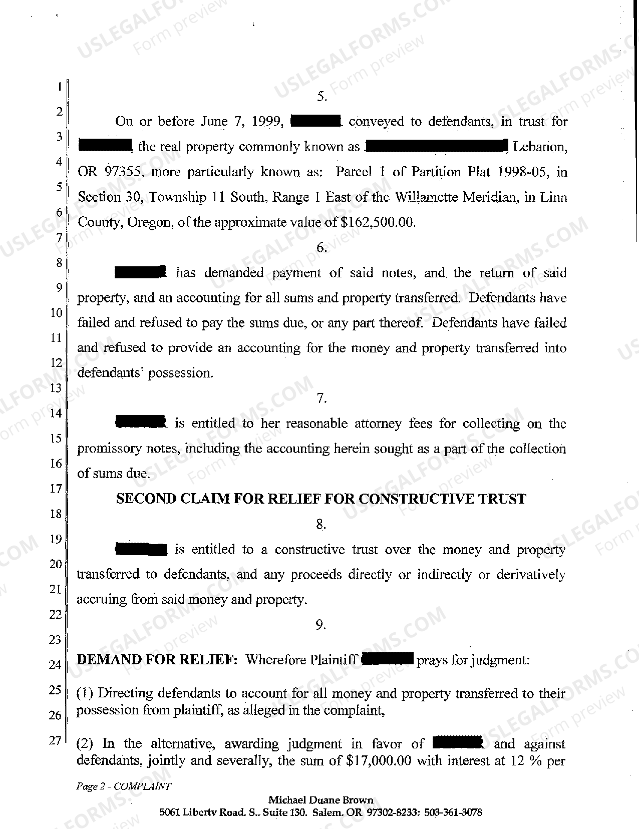 Oregon Complaint for Accounting and Constructive Trust | US Legal Forms