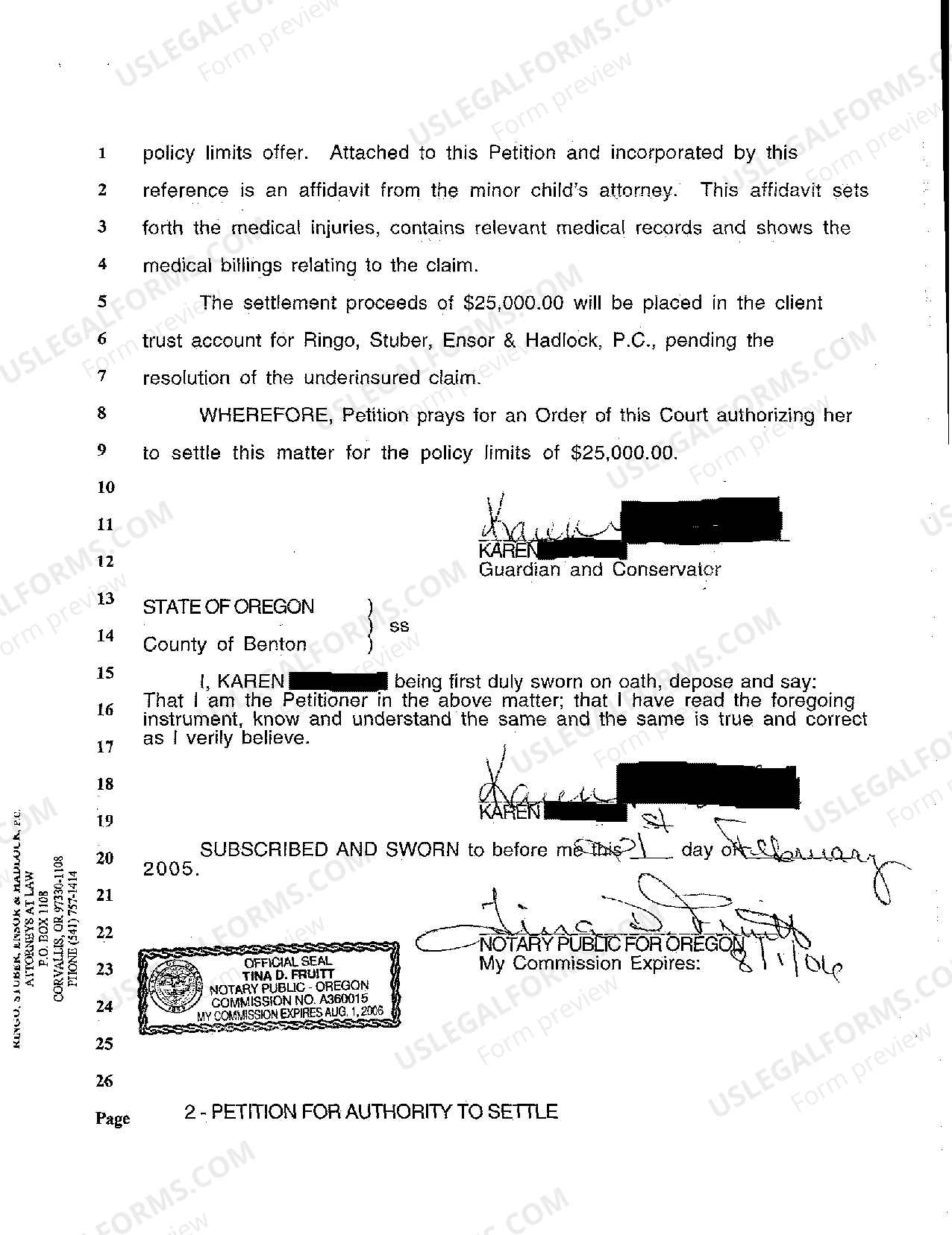 Oregon Petition for Authority to Settle Personal Injury Claim | US ...