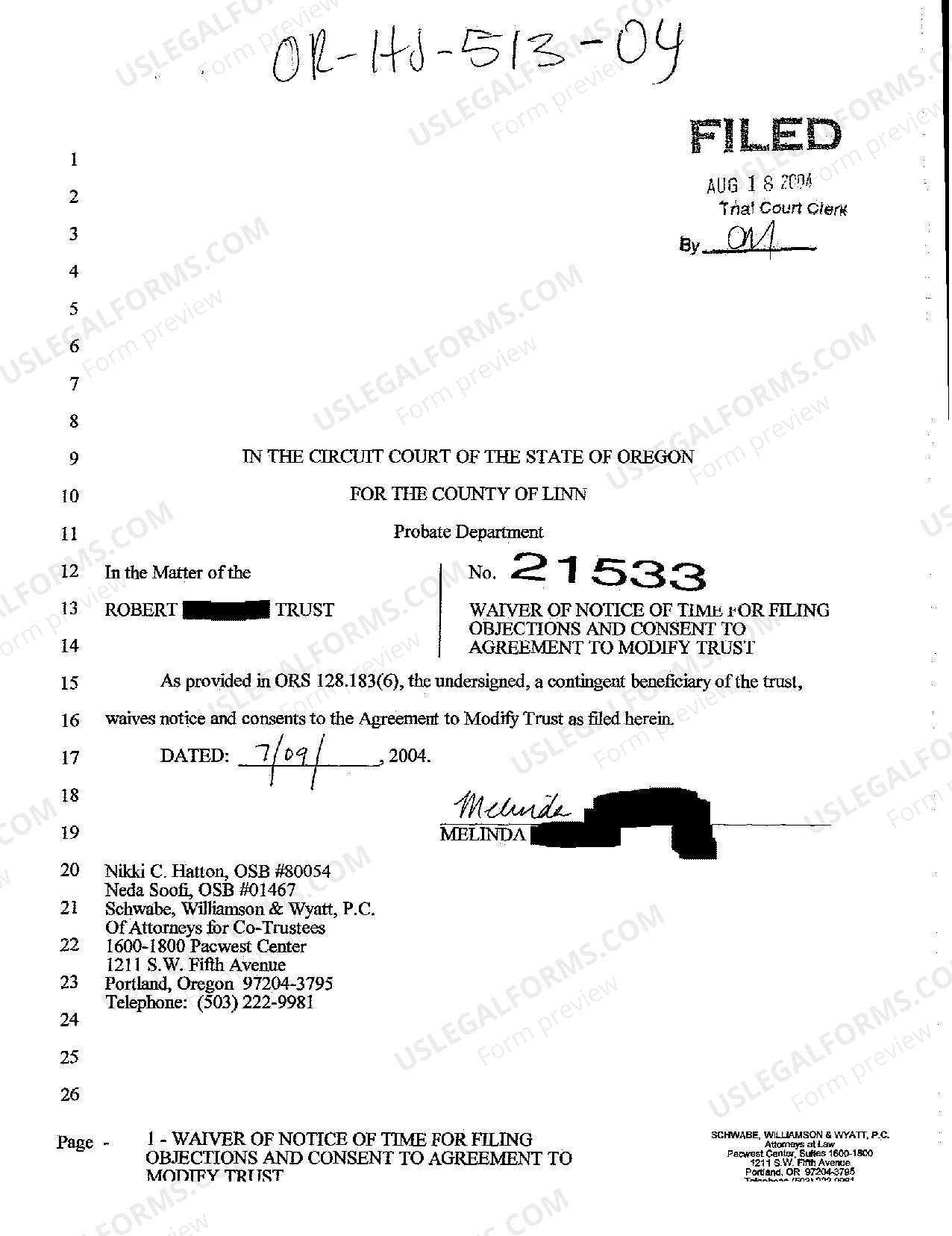 Oregon Waiver of Notice of Time for filing Objections and Consent to ...