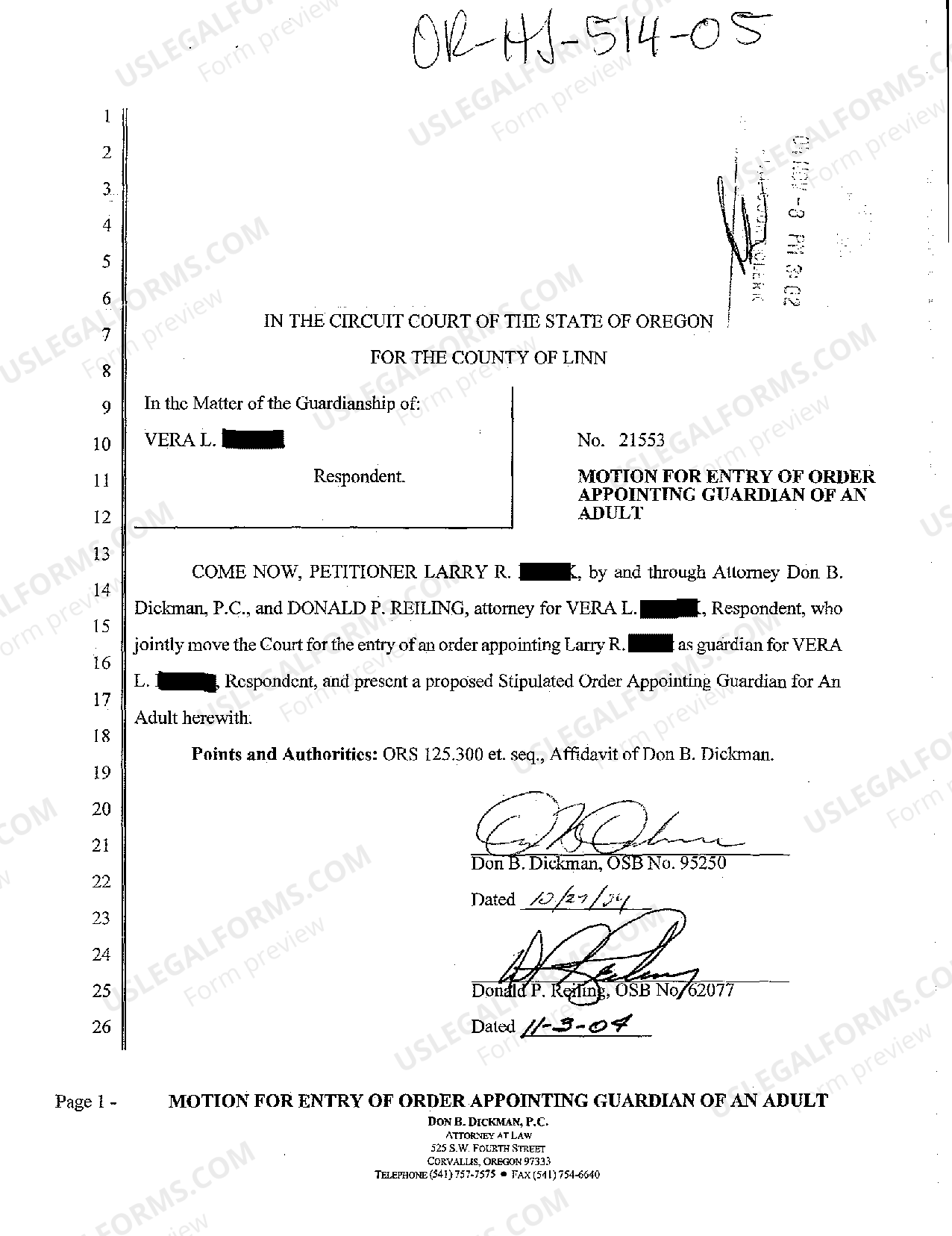 Oregon Motion for Entry of Order Appointing Guardian of an Adult | US ...