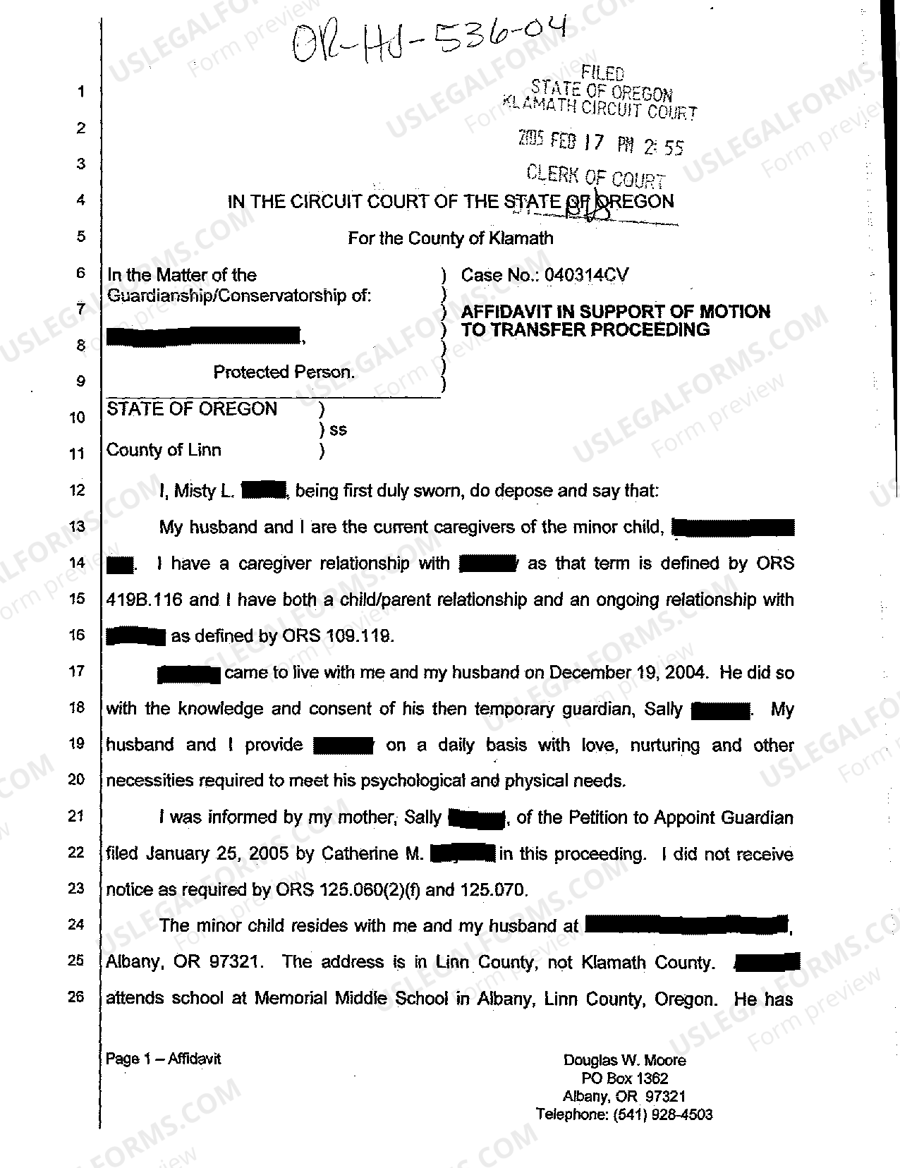 Oregon Affidavit in Support of Motion to Transfer Proceeding | US Legal Forms