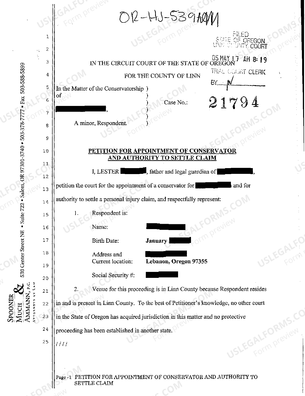 Oregon Petition for Appointment of Conservator and Authority to Settle ...