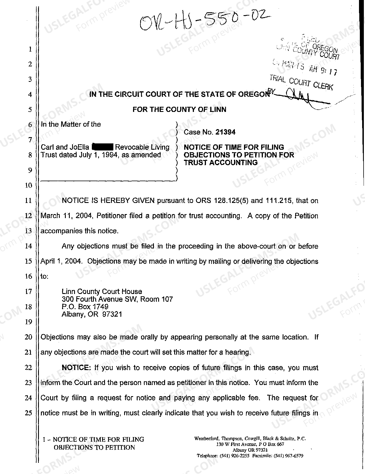 Oregon Notice of Time For Filing Objections to Petition for Trust ...
