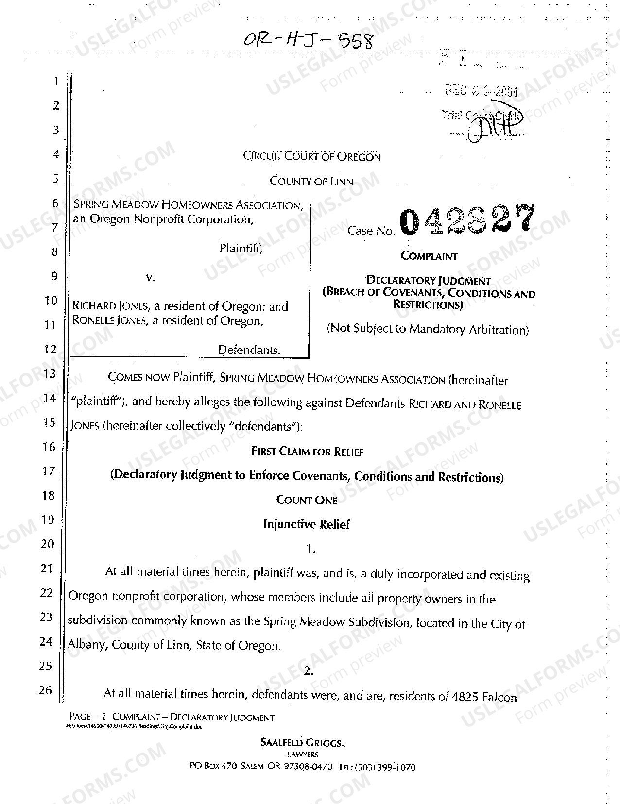 Oregon Complaint Declaratory Judgment (Breach of Covenants, Conditions ...