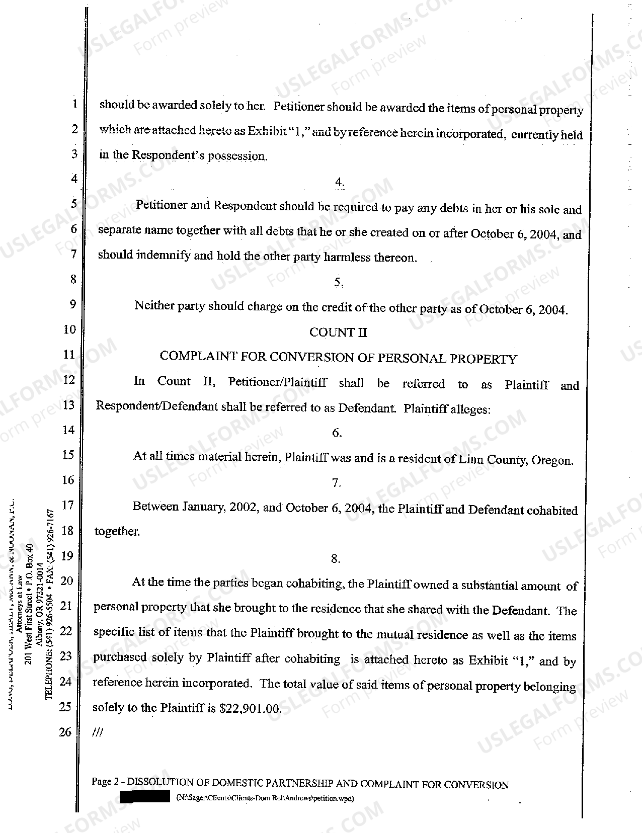 Oregon Dissolution of Domestic Partnership and Complaint for Conversion ...