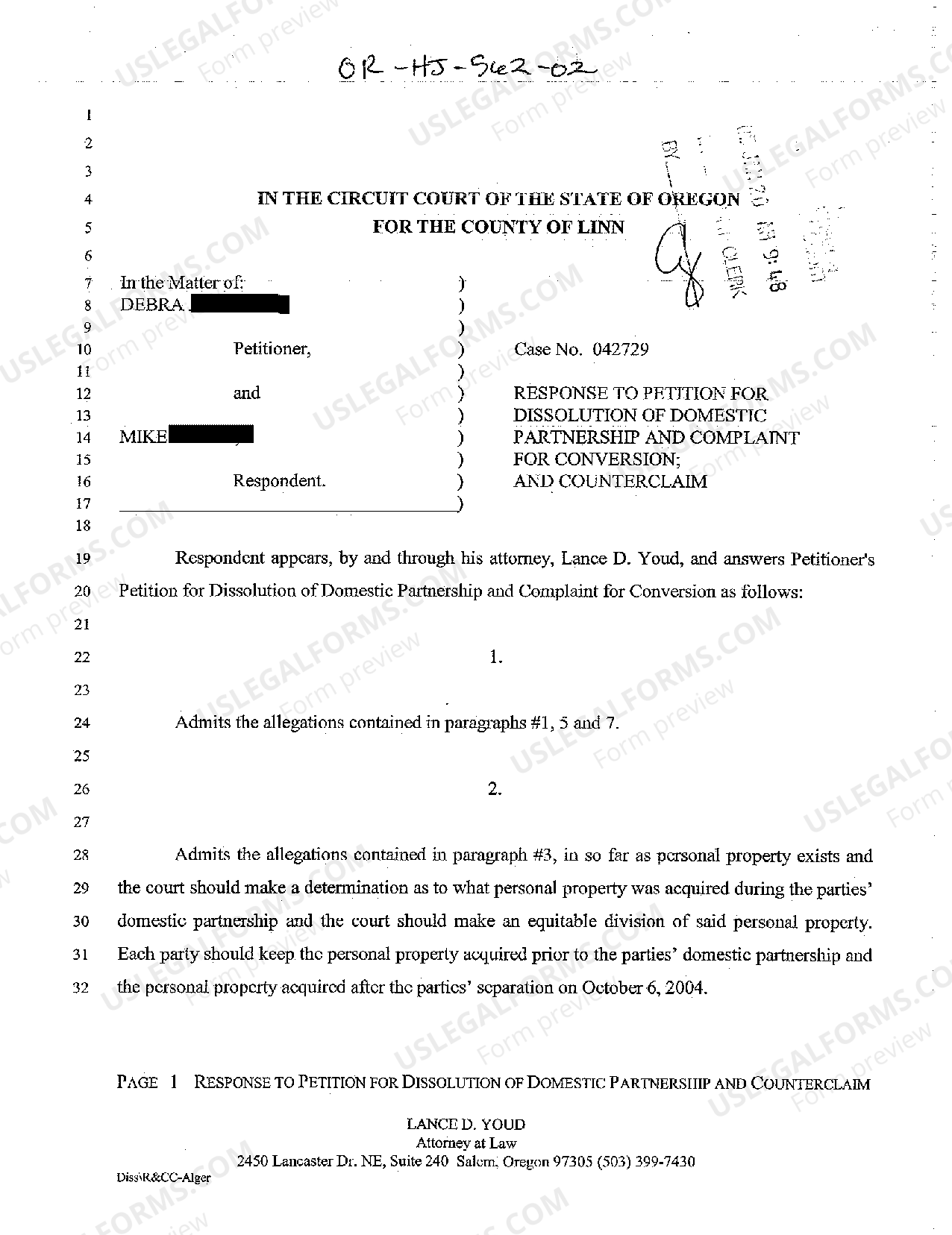 Oregon Response to Petition for Dissolution of Domestic Partnership and ...